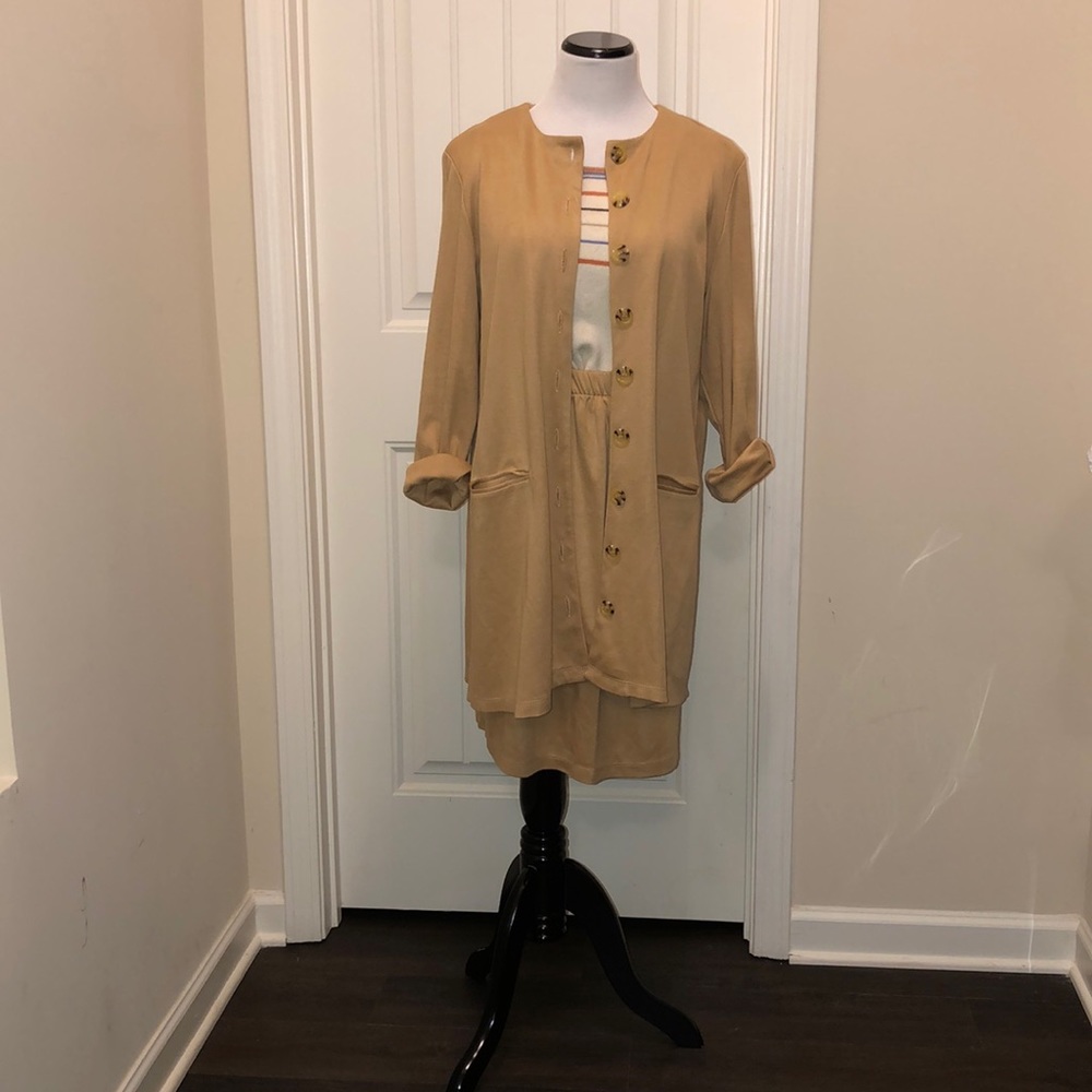 Vintage Lew Magram Skirt & Cardigan Set Tan 16 - Gem